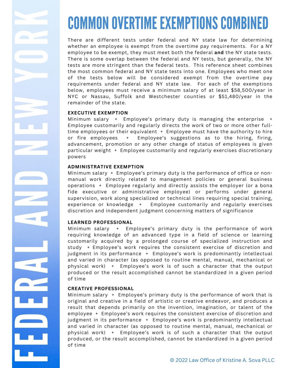 Overtime Exemption Cheat Sheet for NY Employers - Sova Law