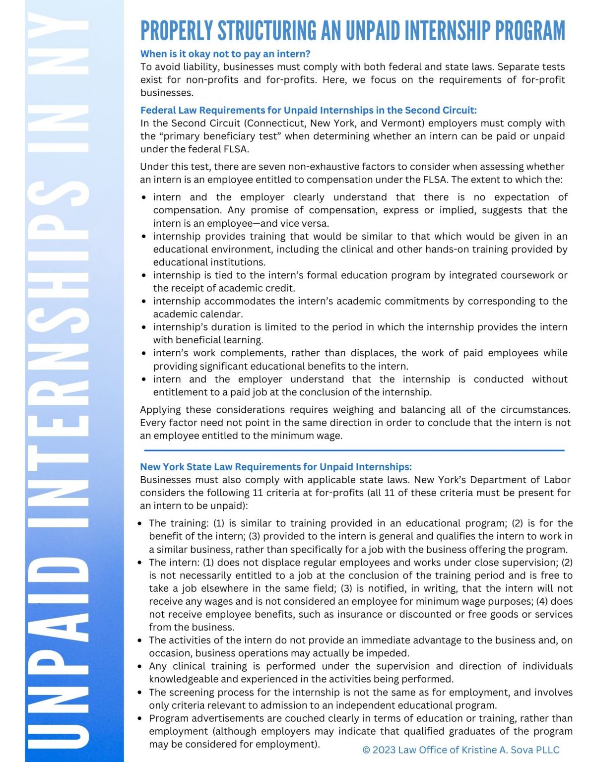 Unpaid Internship Cheat Sheet for NY Employers - Sova Law