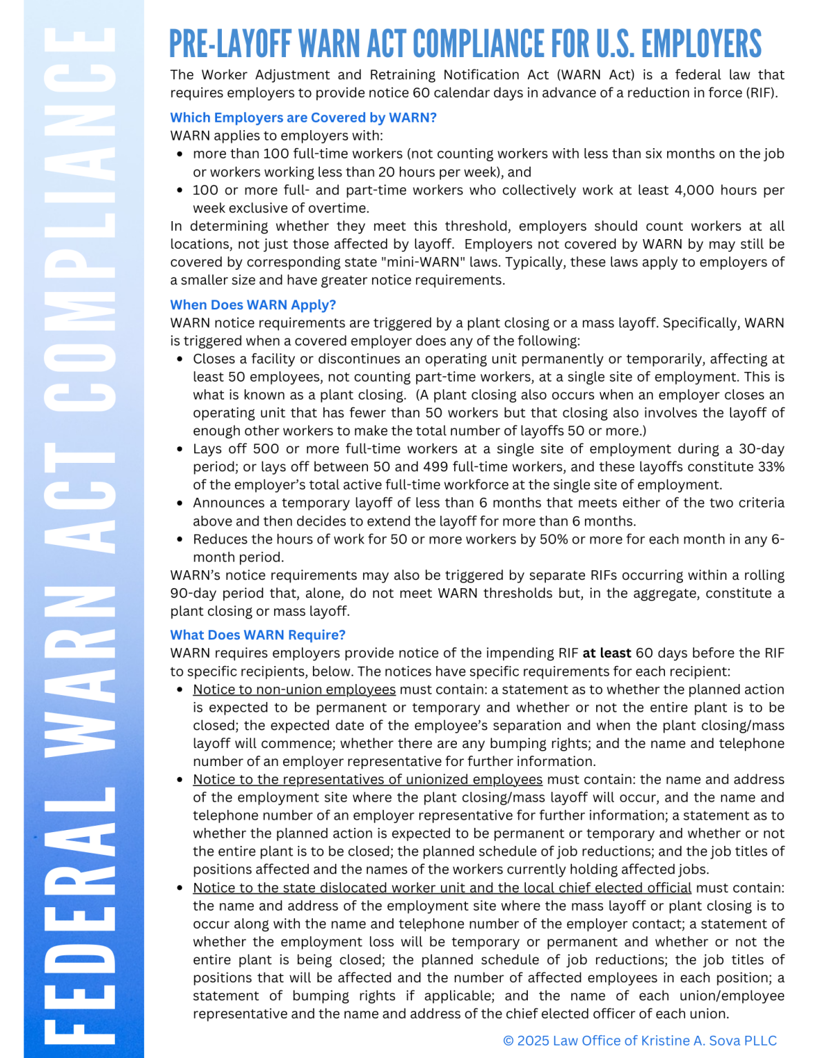 WARN Act Cheat Sheet for U.S. Employers - Sova Law
